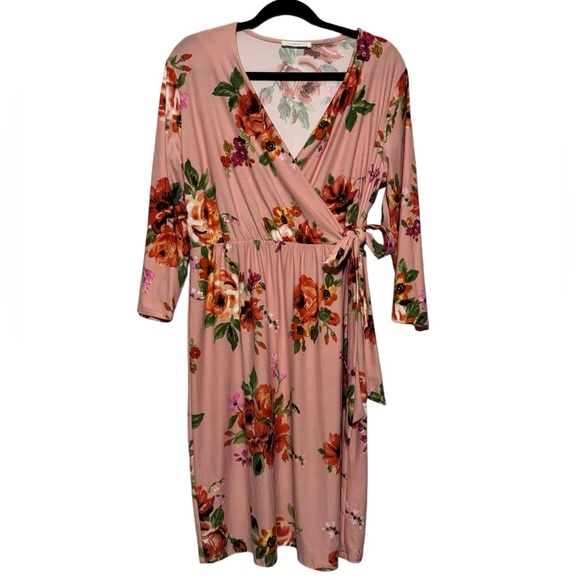 Reborn J | Dresses | Reborn J Pink Floral Faux Wrap Midi Dress Womens ...